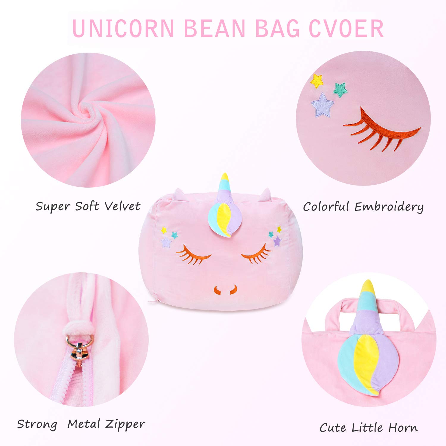 Unicorn Stuffed Animal Toy Storage, Bean Bag Chair Cover ONLY, Velvet Extra Soft Organization Replace Mesh Hammock for Kids Blankets Towels Clothes Home Supplies Pink