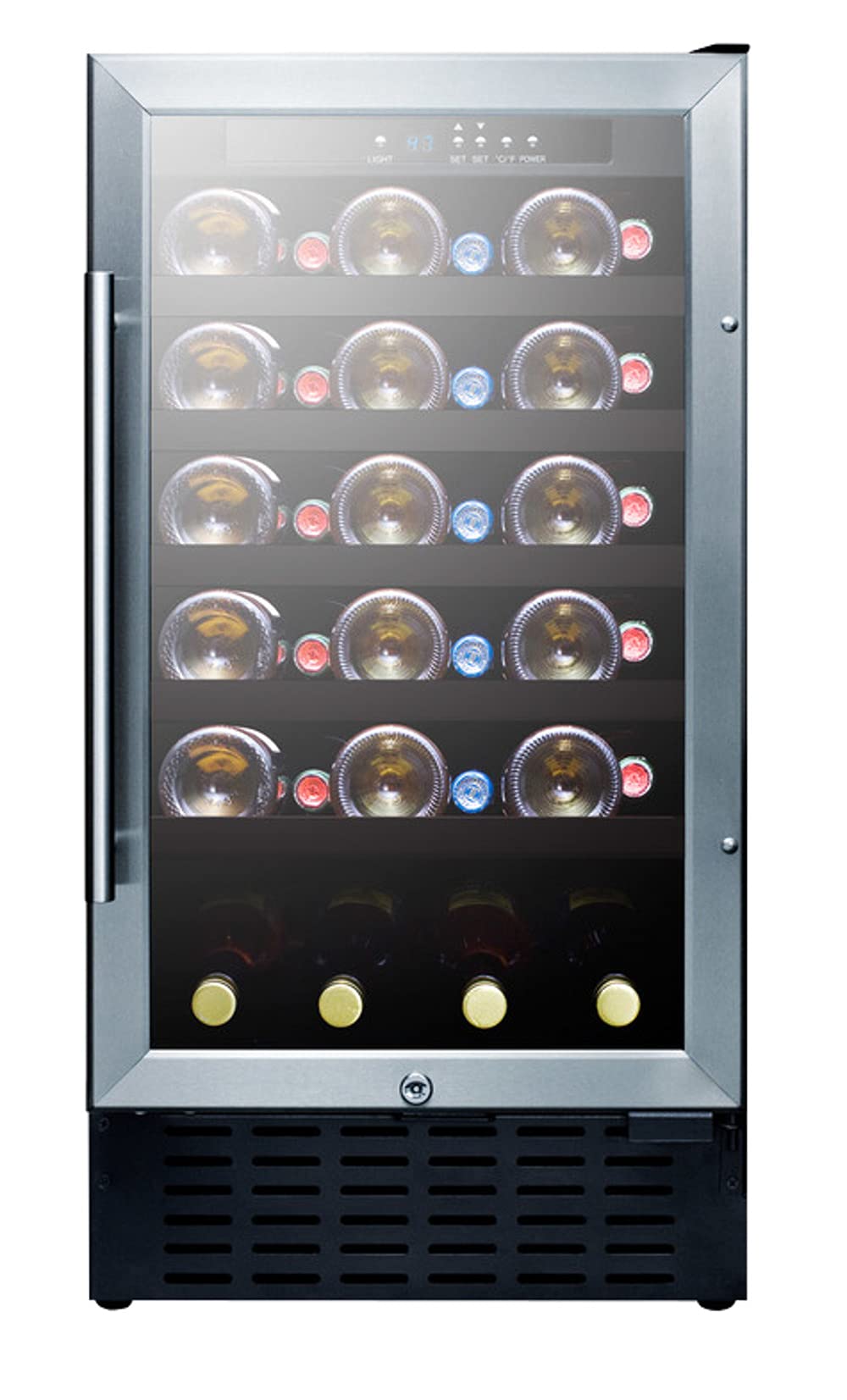 Summit SWC1840B 18"" Wine Cooler with 34 Bottle Capacity Factory Installed Lock LED Lighting Digital Thermostat Glass Door in Stainless Steel