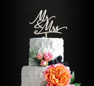 mr & mrs cake topper, silver glitter wedding - anniversary - bridal shower cake decor, rustic chic bride and groom cake topper