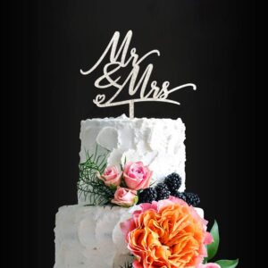 Mr & Mrs Cake Topper, Silver Glitter Wedding - Anniversary - Bridal Shower Cake Decor, Rustic Chic Bride and Groom Cake Topper