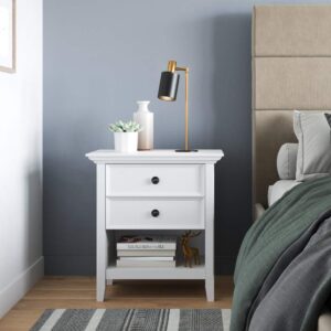 SIMPLIHOME Amherst 24 inches Wide Night Stand, Bedside table, White SOLID WOOD, Rectangle, with Storage, 2 Drawers and 1 Shelf, For the Bedroom, Transitional, White