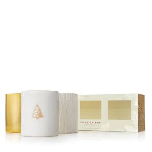 thymes frasier fir gilded votive candles - scented candles with a crisp just-cut forest fragrance - set of three ceramic holiday candles - wood grain, gold, and white candles (3 oz each, pack of 3)