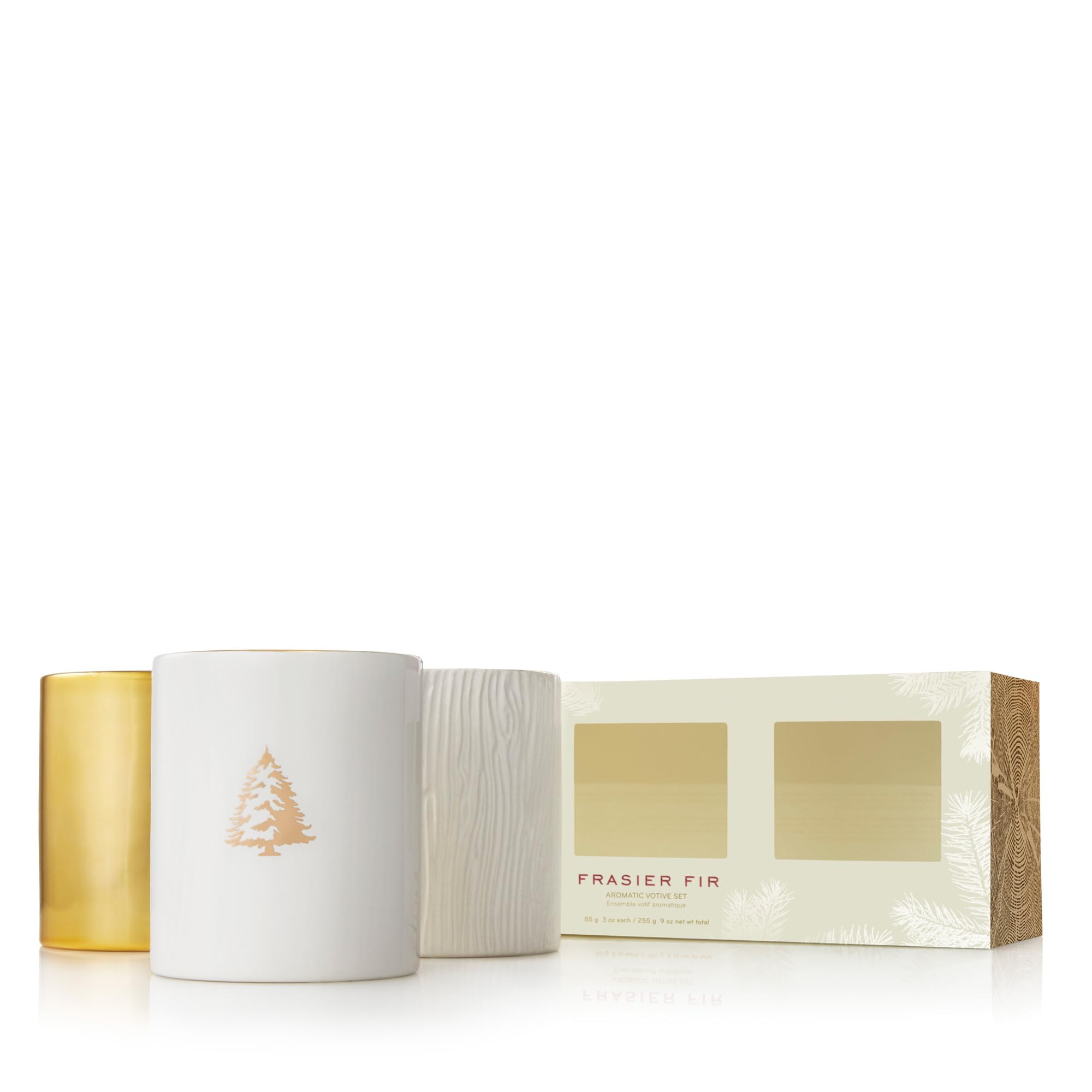 Thymes Frasier Fir Gilded Votive Candles - Scented Candles with a Crisp Just-Cut Forest Fragrance - Set of Three Ceramic Holiday Candles - Wood Grain, Gold, and White Candles (3 oz Each, Pack of 3)