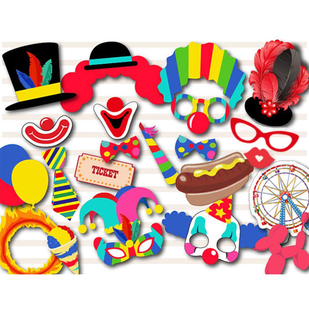 Circus Carnival Birthday Photo Booth Props Kit(24Pcs) Circus Carnival Party Favors for Birthday Bachelorette Baby Shower Party Dress-up Acessories with Wood Sticks