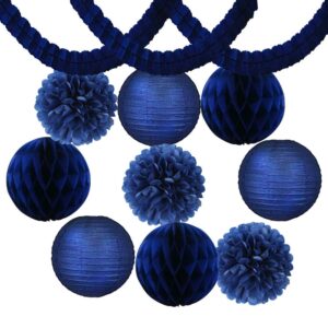 12pcs nautical party decor set tissue paper pom pom + streamers garland + paper lantern navy blue themed wedding decorations birthday party decorations baby shower bridal shower nursery decor