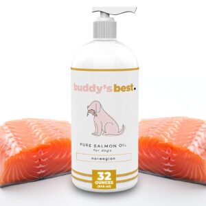 buddy's best, salmon oil for dogs 32 oz bottle with pump - 100% pure norwegian virtually odorless fish oil - omega-3 supplements for dogs & cats - promotes healthy skin and coat - dog food oil