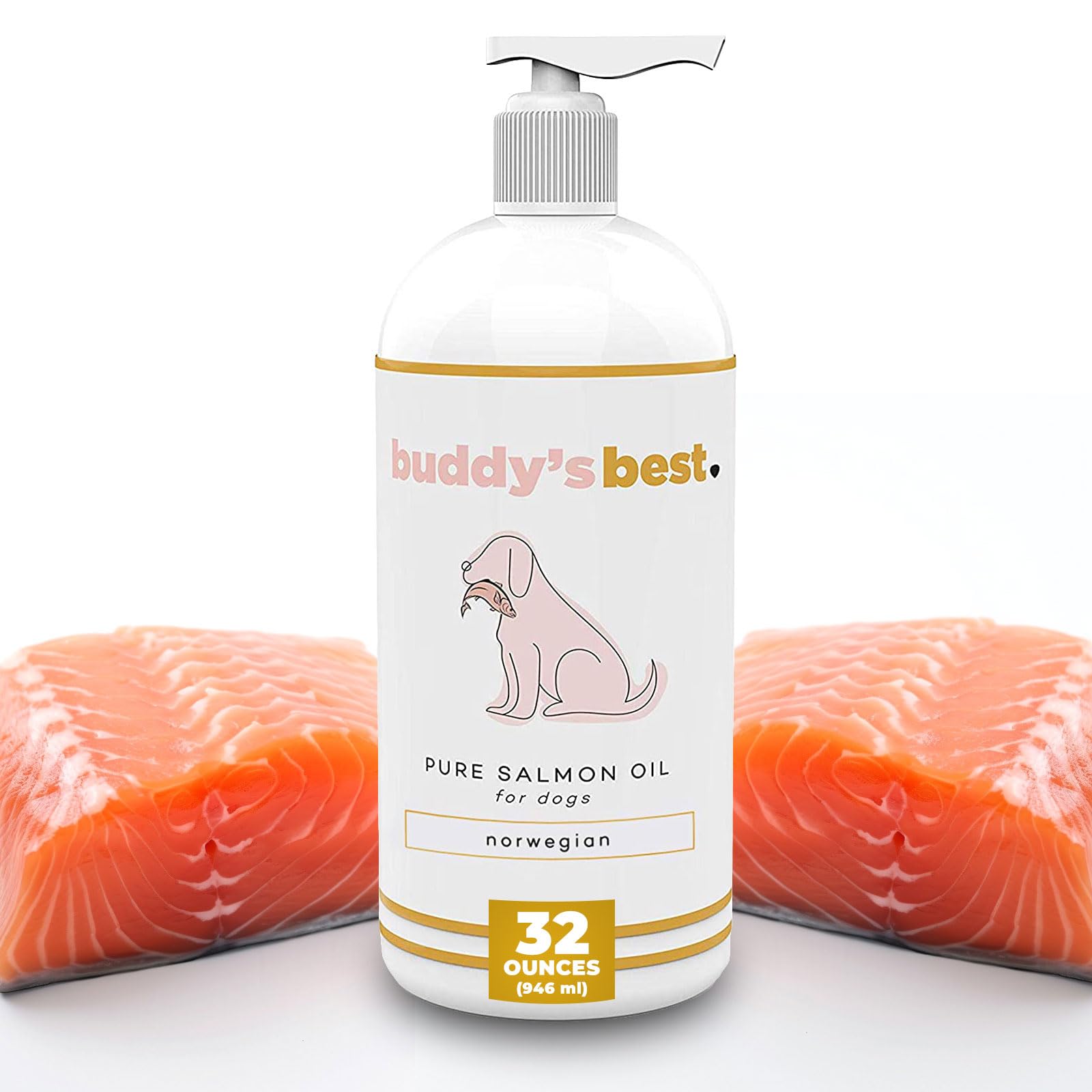 Buddy's Best, Salmon Oil for Dogs 32 oz Bottle with Pump - 100% Pure Norwegian Virtually Odorless Fish Oil - Omega-3 Supplements for Dogs & Cats - Promotes Healthy Skin and Coat - Dog Food Oil