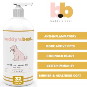 Buddy's Best, Salmon Oil for Dogs 32 oz Bottle with Pump - 100% Pure Norwegian Virtually Odorless Fish Oil - Omega-3 Supplements for Dogs & Cats - Promotes Healthy Skin and Coat - Dog Food Oil