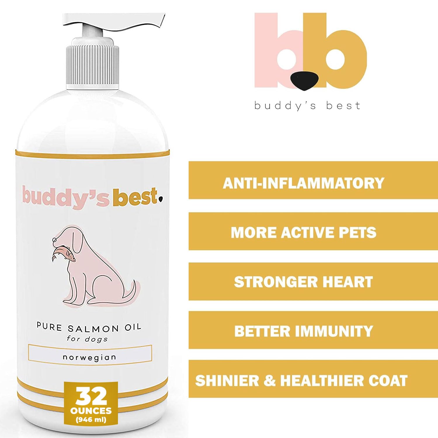 Buddy's Best, Salmon Oil for Dogs 32 oz Bottle with Pump - 100% Pure Norwegian Virtually Odorless Fish Oil - Omega-3 Supplements for Dogs & Cats - Promotes Healthy Skin and Coat - Dog Food Oil