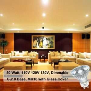 GU10 Halogen 50W Bulbs, 6PCS GU10+C 120V 50W Halogen Light Bulbs, GU10 Dimmable, Warm White, High Brightness MR16 GU10 with Glass Cover, Long Lifespan GU10 50W for Recessed Track Lighting, GU10 Base