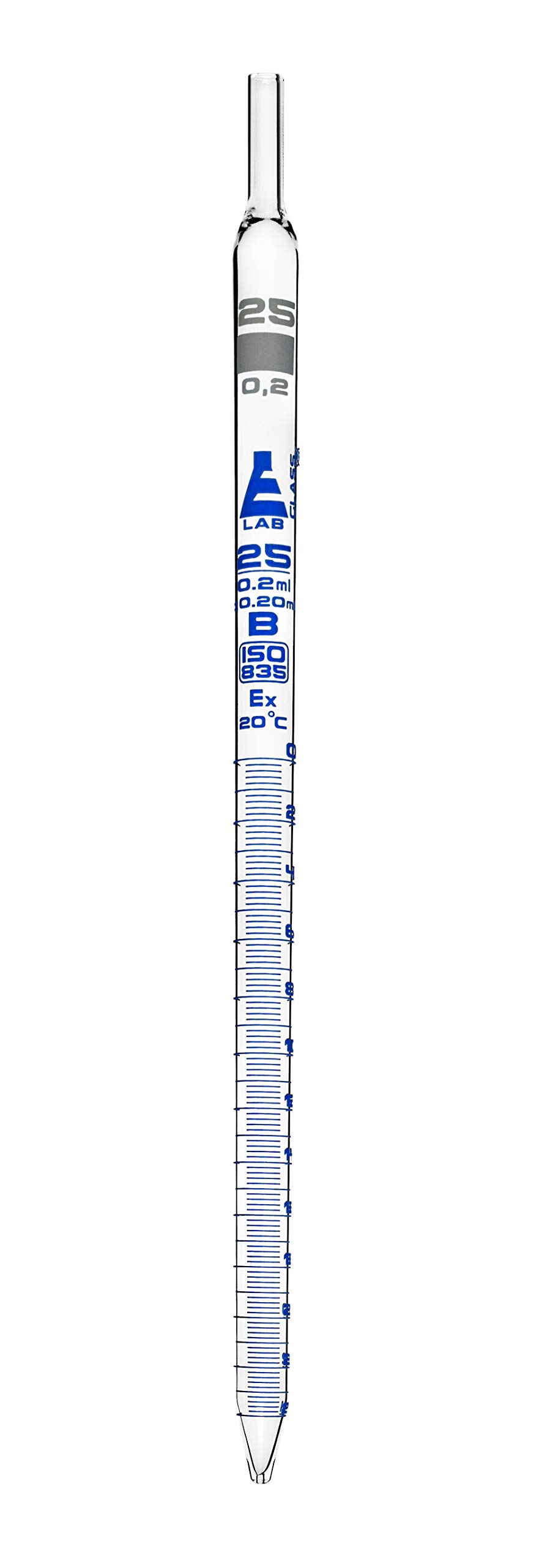 EISCO Serological Pipette, 25ml - Class B, Tolerance ±0.200ml - Blue Graduations - Color Code, White - Calibrated for Delivery to Jet - Borosilicate Glass