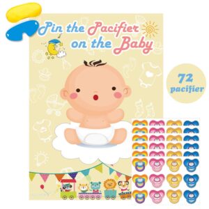 hooqict pin the pacifier on the baby game, baby pacifier games poster with 72pcs pacifiers stickers baby shower games party favors girls boys kids birthday party supplies