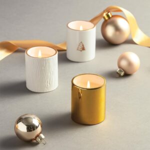 Thymes Frasier Fir Gilded Votive Candles - Scented Candles with a Crisp Just-Cut Forest Fragrance - Set of Three Ceramic Holiday Candles - Wood Grain, Gold, and White Candles (3 oz Each, Pack of 3)