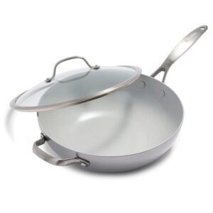 greenpan venice pro tri-ply stainless steel healthy ceramic nonstick 12" wok pan with helper handle and lid, pfas-free, multi clad, induction, dishwasher safe, oven safe, silver