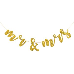 mr & mrs banner for bridal shower, engaged, we still do, groom bride wedding party decorations (gold glitter)