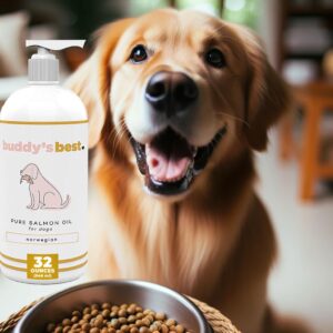 Buddy's Best, Salmon Oil for Dogs 32 oz Bottle with Pump - 100% Pure Norwegian Virtually Odorless Fish Oil - Omega-3 Supplements for Dogs & Cats - Promotes Healthy Skin and Coat - Dog Food Oil