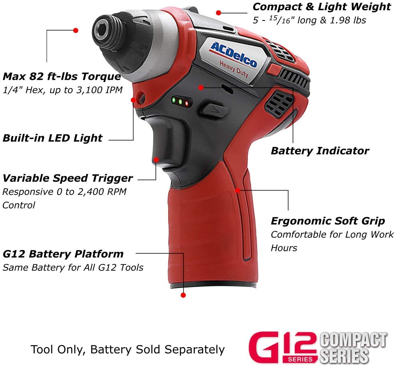 ACDelco ARI12105-K5 G12 Series 12V Cordless Li-ion 3/8” 2-Speed Drill Driver & ¼” Impact Driver Combo Tool Kit with 2 Batteries