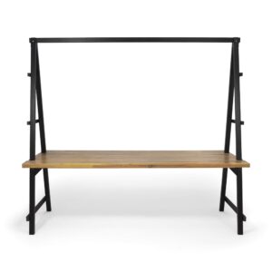 gdfstudio outdoor acacia wood 88.5" dining table with iron plant hanger, finish and black