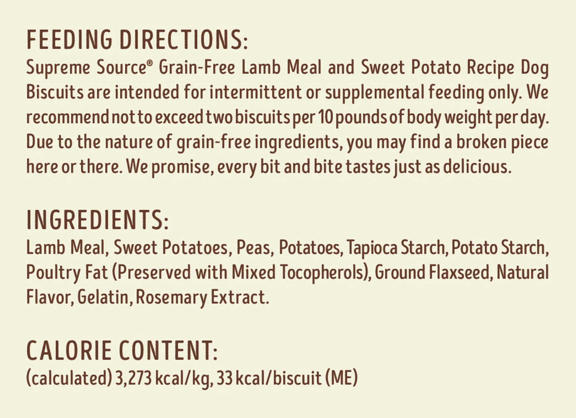 Supreme Source Grain Free Protein Dog Biscuits, Lamb Meal & Sweet Potato Recipe, 1 Pound Bag