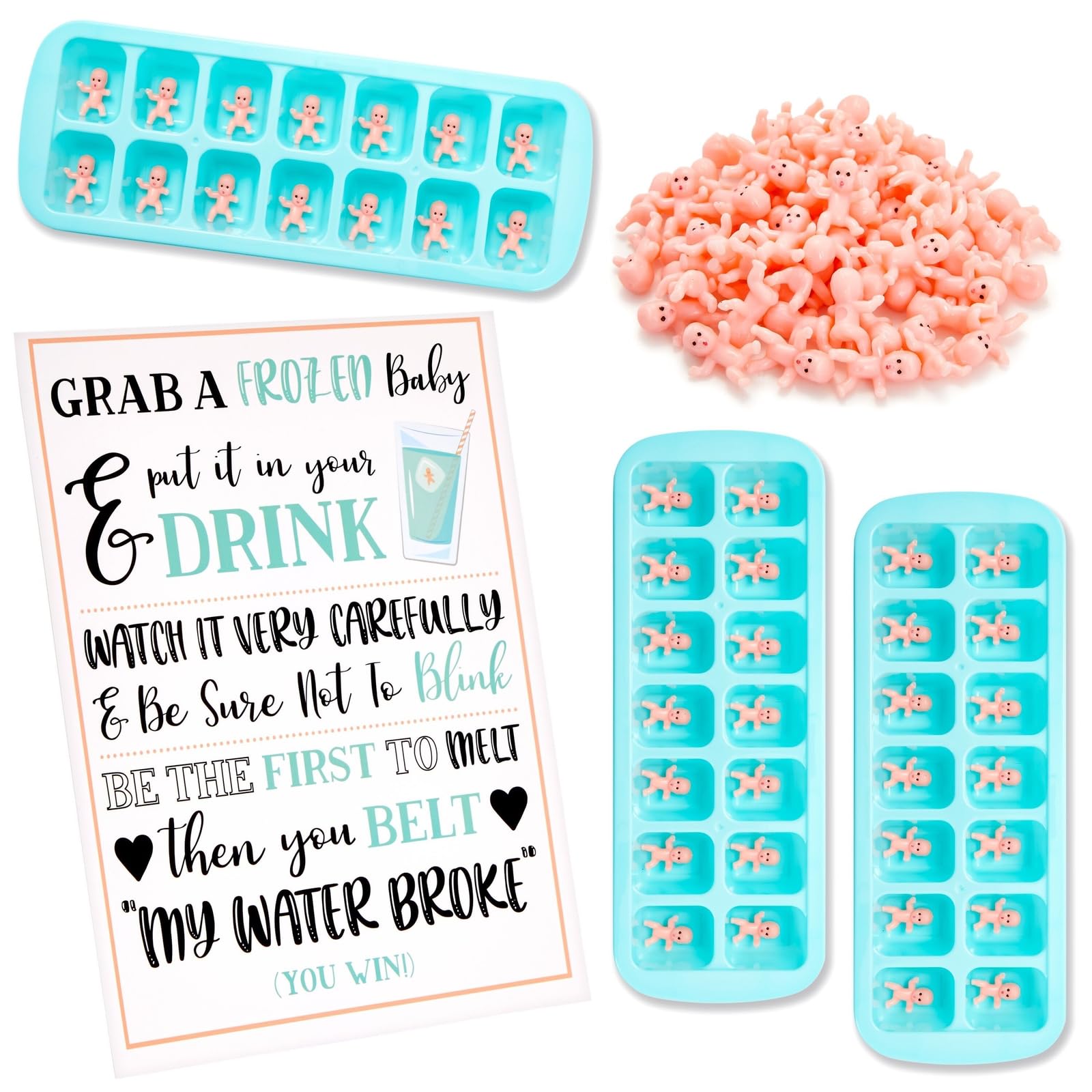 Juvale My Water Broke Baby Shower Game with 60 1-Inch Mini Plastic Babies, 3 Ice Cube Trays, and 1 Sign