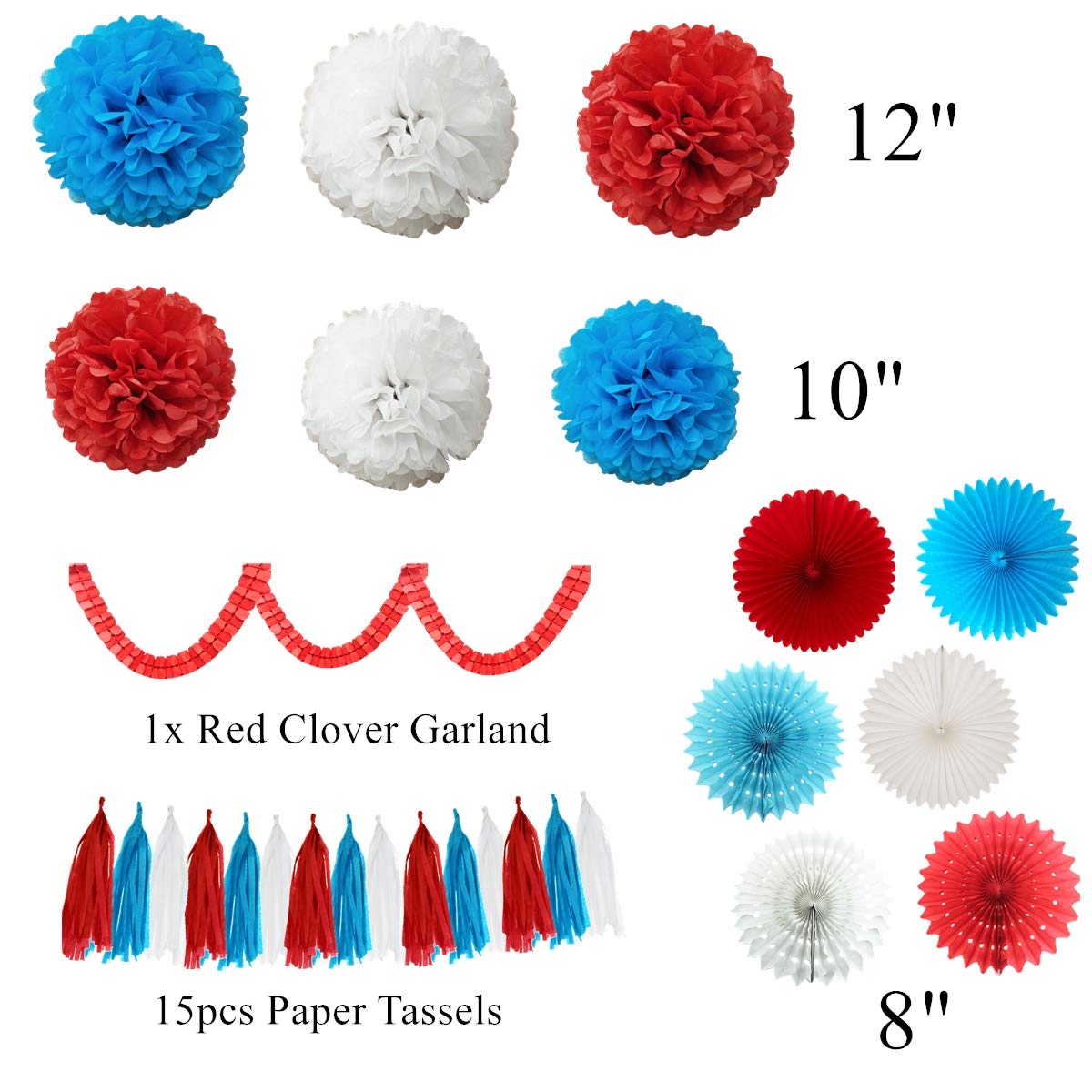 Dr Seuss Cat in The Hat 28PCS Red Blue White Carnival Birthday Bridal Baby Shower Wedding Bachelorette Decoration Kit - 12" 10" Tissue Pom Pom, 16" 12" 8" Paper Fan, Paper Tassel, Clover Garland