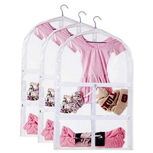 3 packs clear kids dance costume garment bags,garment bag 35 inch for dance competitions,foldable travel storage cover bag with 3 zipper pockets