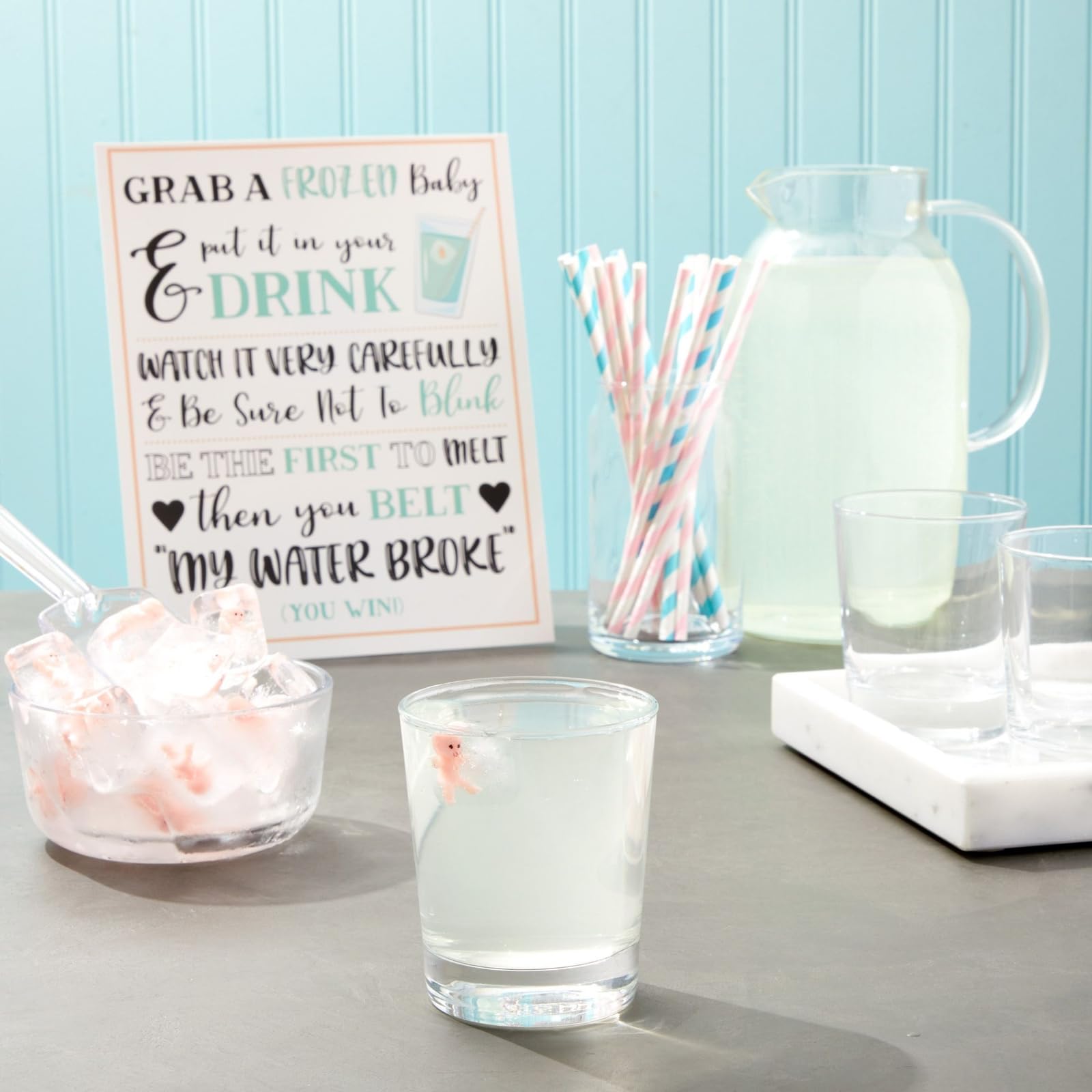 Juvale My Water Broke Baby Shower Game with 60 1-Inch Mini Plastic Babies, 3 Ice Cube Trays, and 1 Sign