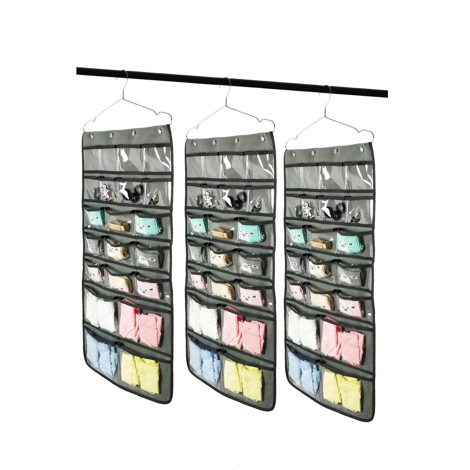 NIMES Hanging Closet Underwear Sock Bra Organizer Dual-Sided Accessories Storage With 42 Clear Pockets (GREY)