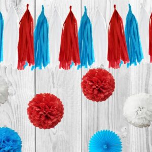 Dr Seuss Cat in The Hat 28PCS Red Blue White Carnival Birthday Bridal Baby Shower Wedding Bachelorette Decoration Kit - 12" 10" Tissue Pom Pom, 16" 12" 8" Paper Fan, Paper Tassel, Clover Garland