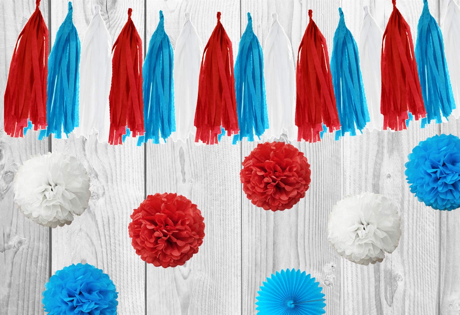 Dr Seuss Cat in The Hat 28PCS Red Blue White Carnival Birthday Bridal Baby Shower Wedding Bachelorette Decoration Kit - 12" 10" Tissue Pom Pom, 16" 12" 8" Paper Fan, Paper Tassel, Clover Garland