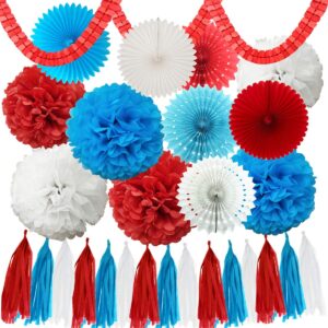 dr seuss cat in the hat 28pcs red blue white carnival birthday bridal baby shower wedding bachelorette decoration kit - 12" 10" tissue pom pom, 16" 12" 8" paper fan, paper tassel, clover garland