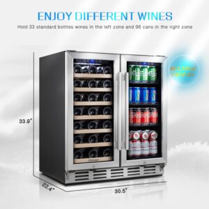 Kalamera Wine and Beverage Refrigerator, 30 inch Wine Fridge Dual Zone Hold 33 Bottles and 96 Cans, Digital Touch Control, Built-In or Freestanding