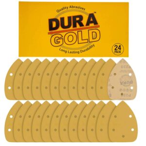 dura-gold premium mouse detail sander sandpaper sanding sheets - 220 grit (box of 24) - 5 hole pattern hook & loop triangle mouse discs - woodworking wood, furniture crafting, sand automotive paint