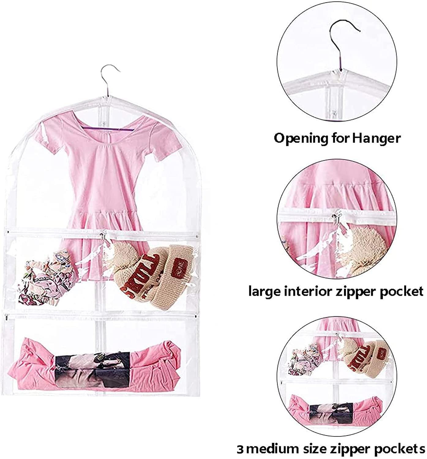 3 Packs Clear Kids Dance Costume Garment Bags,Garment Bag 35 Inch for Dance Competitions,Foldable Travel Storage Cover Bag with 3 Zipper Pockets