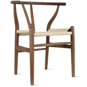 2xhome - Wishbone Solid Wood Armchair with Arms Open Y Back Farmhouse Dining Office Chair with Woven Beige Seat (Espresso)