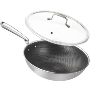 potinv hybrid stainless steel wok with stay cool handles 12 inch,non-stick, dishwasher and oven safe, works with induction, ceramic, electric, and gas cooktops