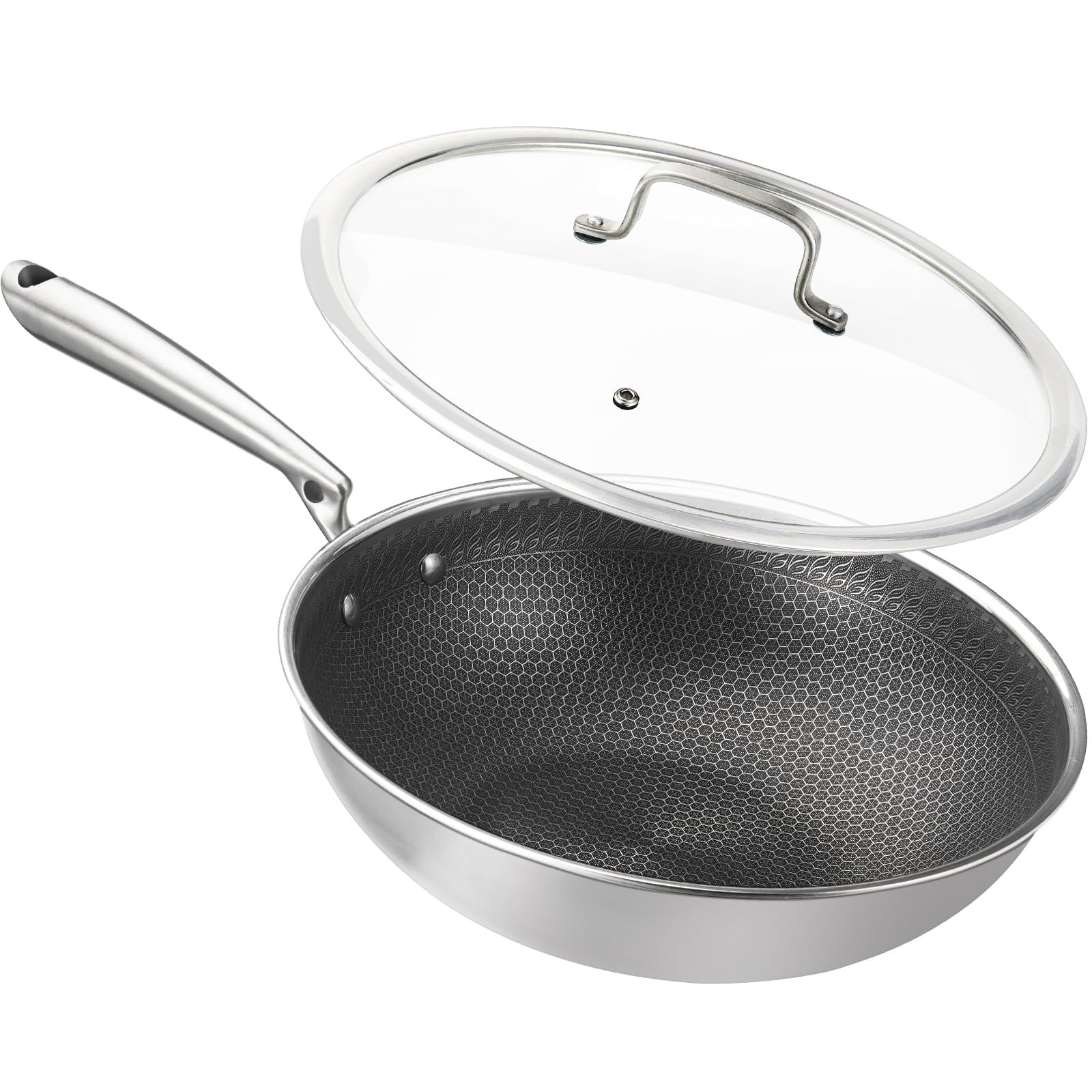 Potinv Hybrid Stainless Steel Wok with Stay Cool Handles 12 Inch,Non-Stick, Dishwasher and Oven Safe, Works with Induction, Ceramic, Electric, and Gas Cooktops