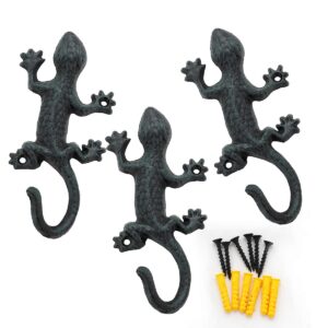 chasbete gecko wall hooks for hanging, rustic iron coat hooks wall mounted towel hooks,heavy duty key holder for decor - 3pcs