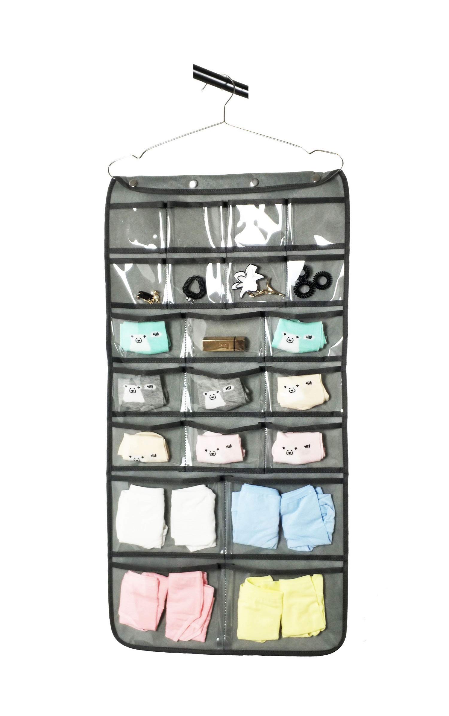 NIMES Hanging Closet Underwear Sock Bra Organizer Dual-Sided Accessories Storage With 42 Clear Pockets (GREY)