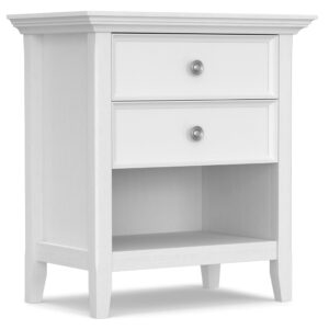 simplihome amherst 24 inches wide night stand, bedside table, white solid wood, rectangle, with storage, 2 drawers and 1 shelf, for the bedroom, transitional, white