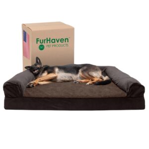 furhaven cooling gel dog bed for large dogs w/ removable bolsters & washable cover, for dogs up to 125 lbs - sherpa & chenille sofa - coffee, jumbo plus/xxl