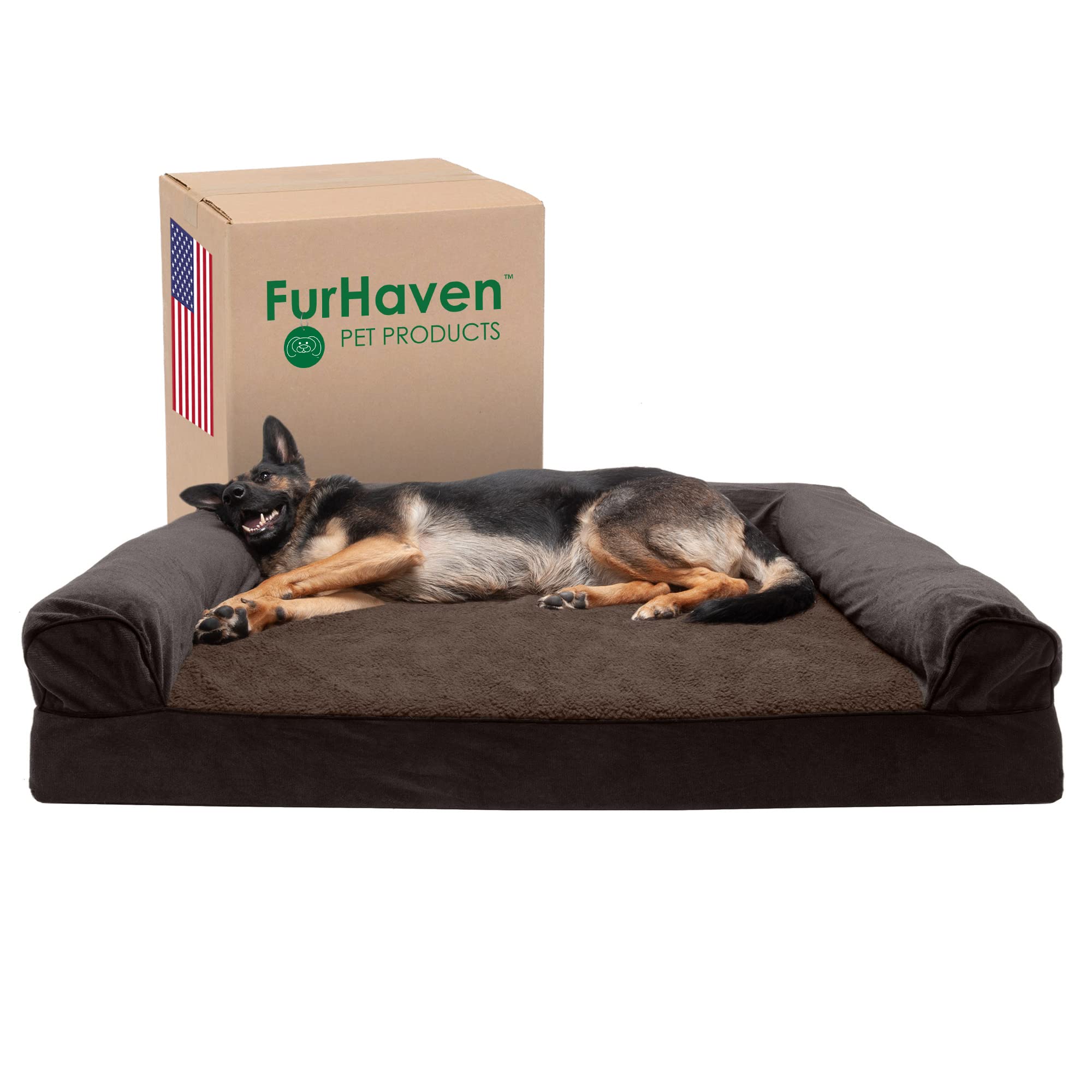 Furhaven Cooling Gel Dog Bed for Large Dogs w/ Removable Bolsters & Washable Cover, For Dogs Up to 125 lbs - Sherpa & Chenille Sofa - Coffee, Jumbo Plus/XXL