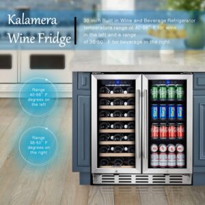 Kalamera Wine and Beverage Refrigerator, 30 inch Wine Fridge Dual Zone Hold 33 Bottles and 96 Cans, Digital Touch Control, Built-In or Freestanding