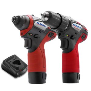 acdelco ari12105-k5 g12 series 12v cordless li-ion 3/8” 2-speed drill driver & ¼” impact driver combo tool kit with 2 batteries