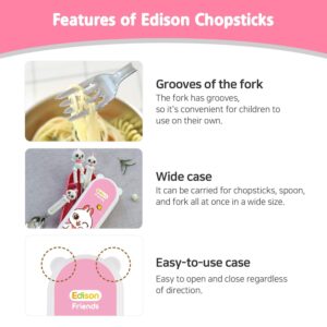 Edison Friends Rabbit Stainless Steel Chopsticks, Spoon, Fork and Case 4 Set, Chopsticks Training, Beginner, Brain Training (White Rabbit) Right Handed/Made in Korea