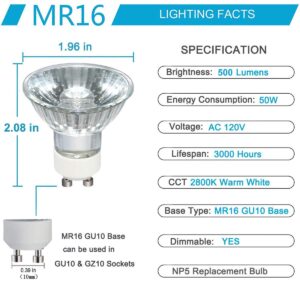 GU10 Halogen 50W Bulbs, 6PCS GU10+C 120V 50W Halogen Light Bulbs, GU10 Dimmable, Warm White, High Brightness MR16 GU10 with Glass Cover, Long Lifespan GU10 50W for Recessed Track Lighting, GU10 Base