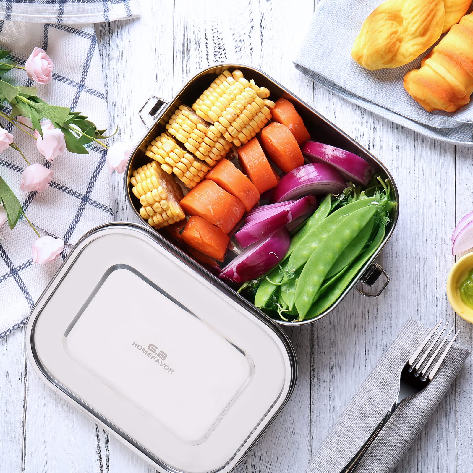 G.a HOMEFAVOR Stainless Steel Bento Lunch Food Box Container, Large 1400ML Metal Bento Lunch Box Container - Lockable Clips to Leak Proof - BPA-Free - Dishwasher Safe