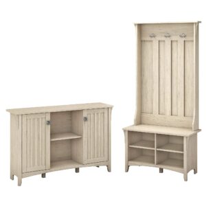 Bush Furniture Salinas Entryway Storage Set with Hall Tree, Shoe Bench and Accent Cabinet in Antique White