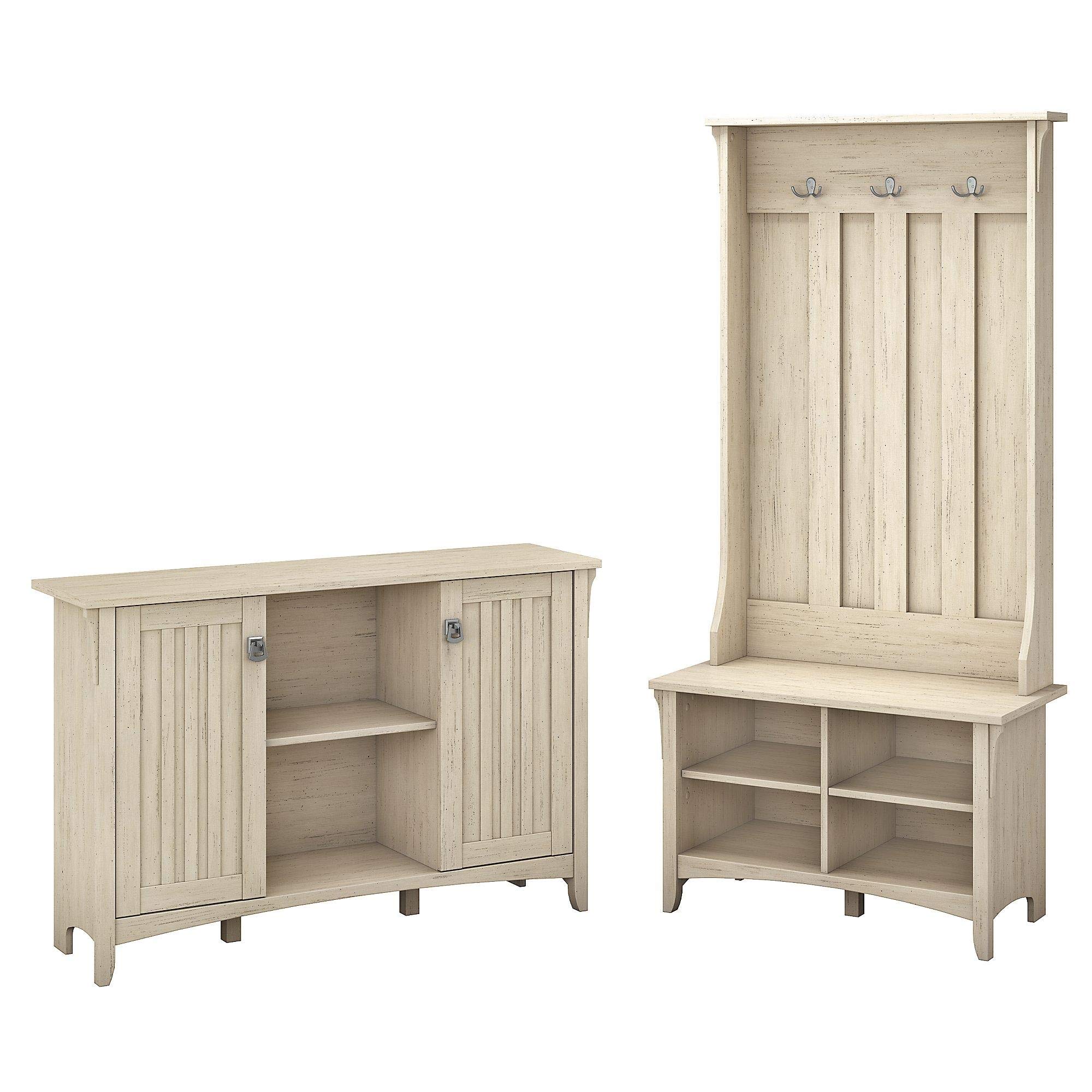 Bush Furniture Salinas Entryway Storage Set with Hall Tree, Shoe Bench and Accent Cabinet in Antique White