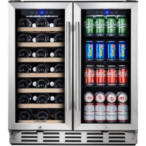 kalamera wine and beverage refrigerator, 30 inch wine fridge dual zone hold 33 bottles and 96 cans, digital touch control, built-in or freestanding